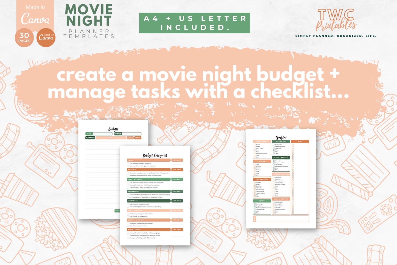 Movie Night Planner Canva Templates | TERRA Theme (A4/US Letter) - Etsy