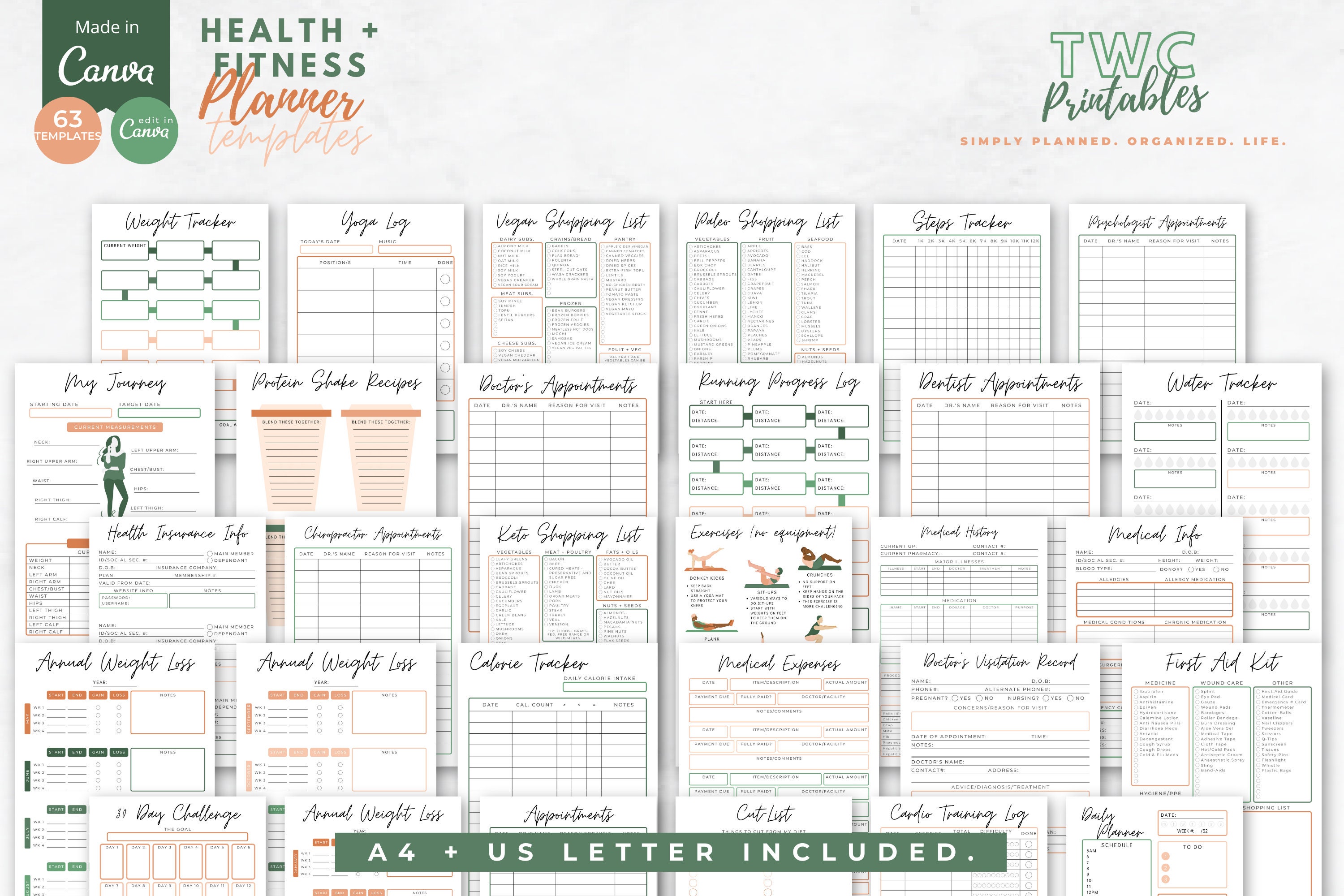 Health & Fitness Planner Canva Templates 63 Pages Workout Log, Meal ...