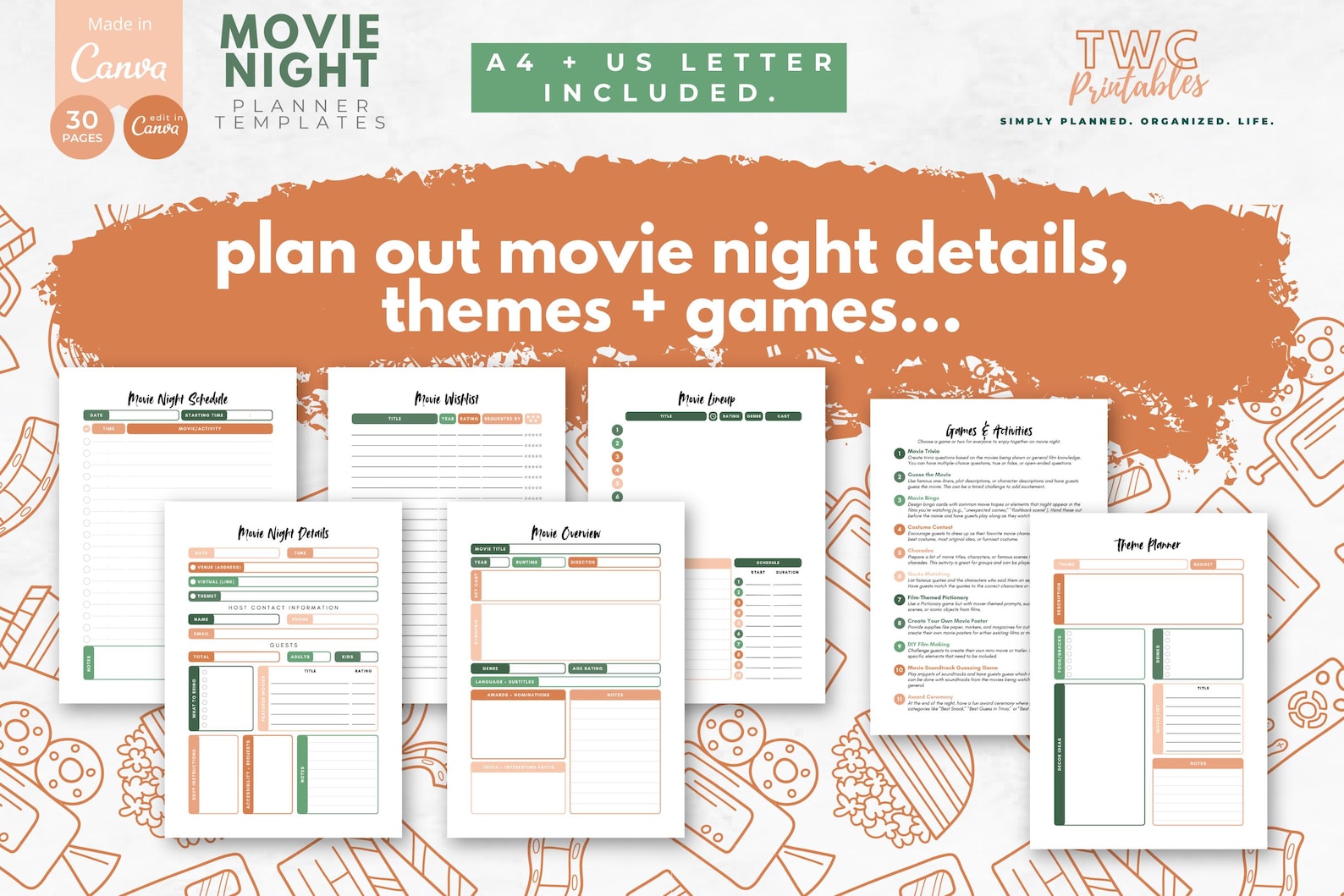 Movie Night Planner Canva Templates | TERRA Theme (A4/US Letter) - Etsy
