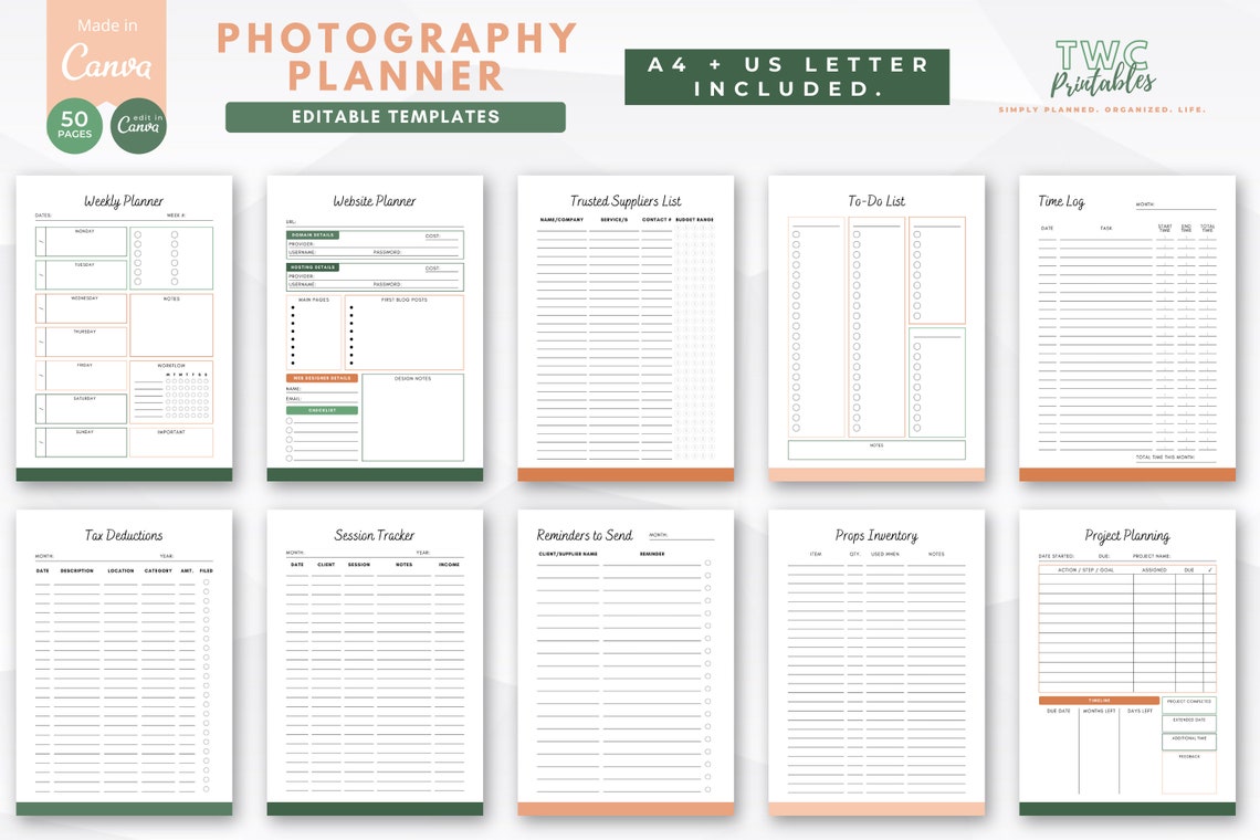 Photography Planner Canva Templates 50 Pages Shoot Organizer, Image ...