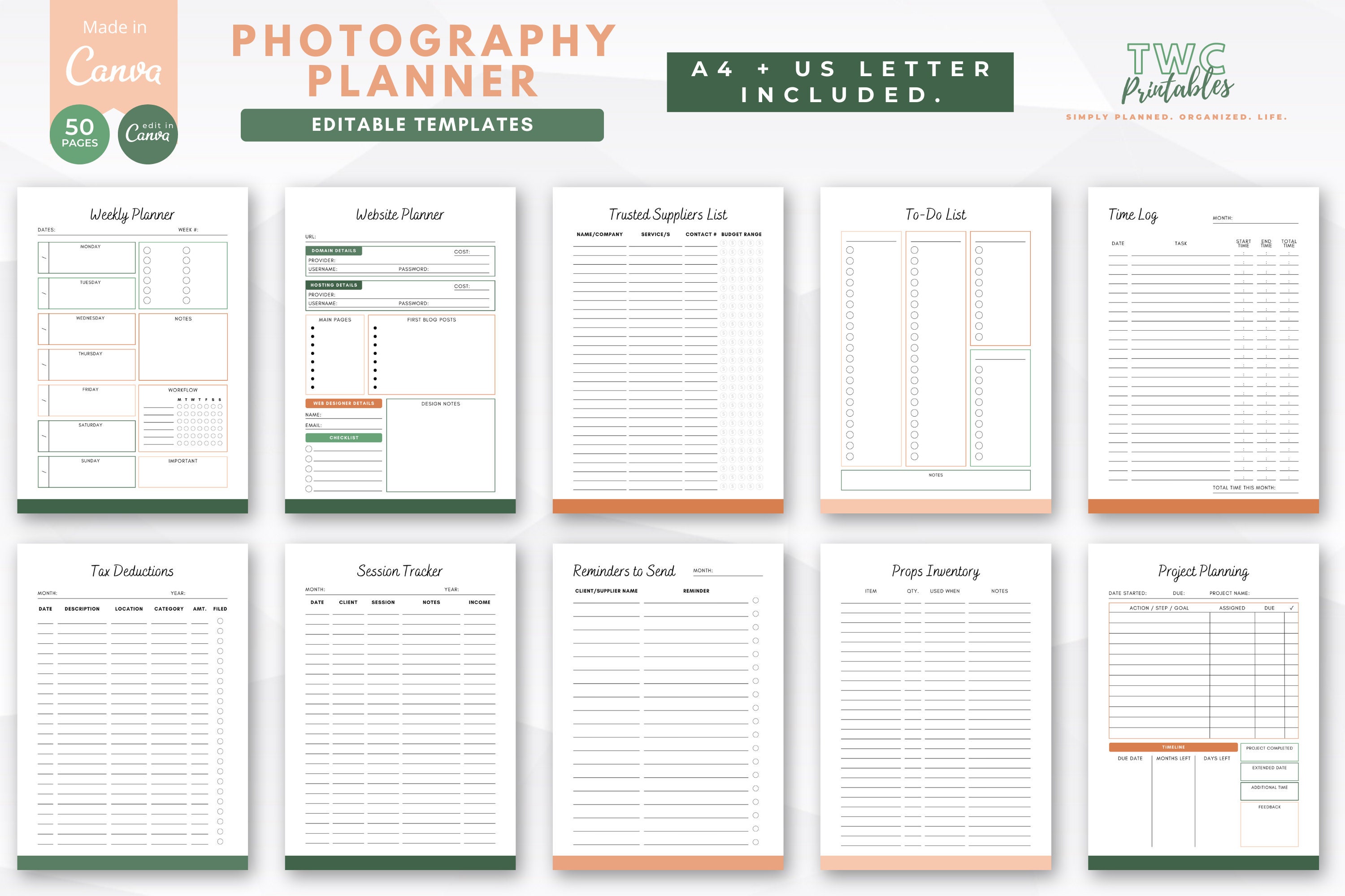 Photography Planner Canva Templates 50 Pages Shoot Organizer, Image ...