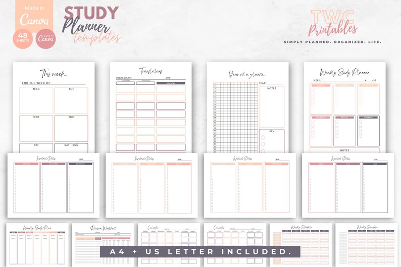Study Planner Template for Canva | 48 Pages | Academic Planner, Student ...