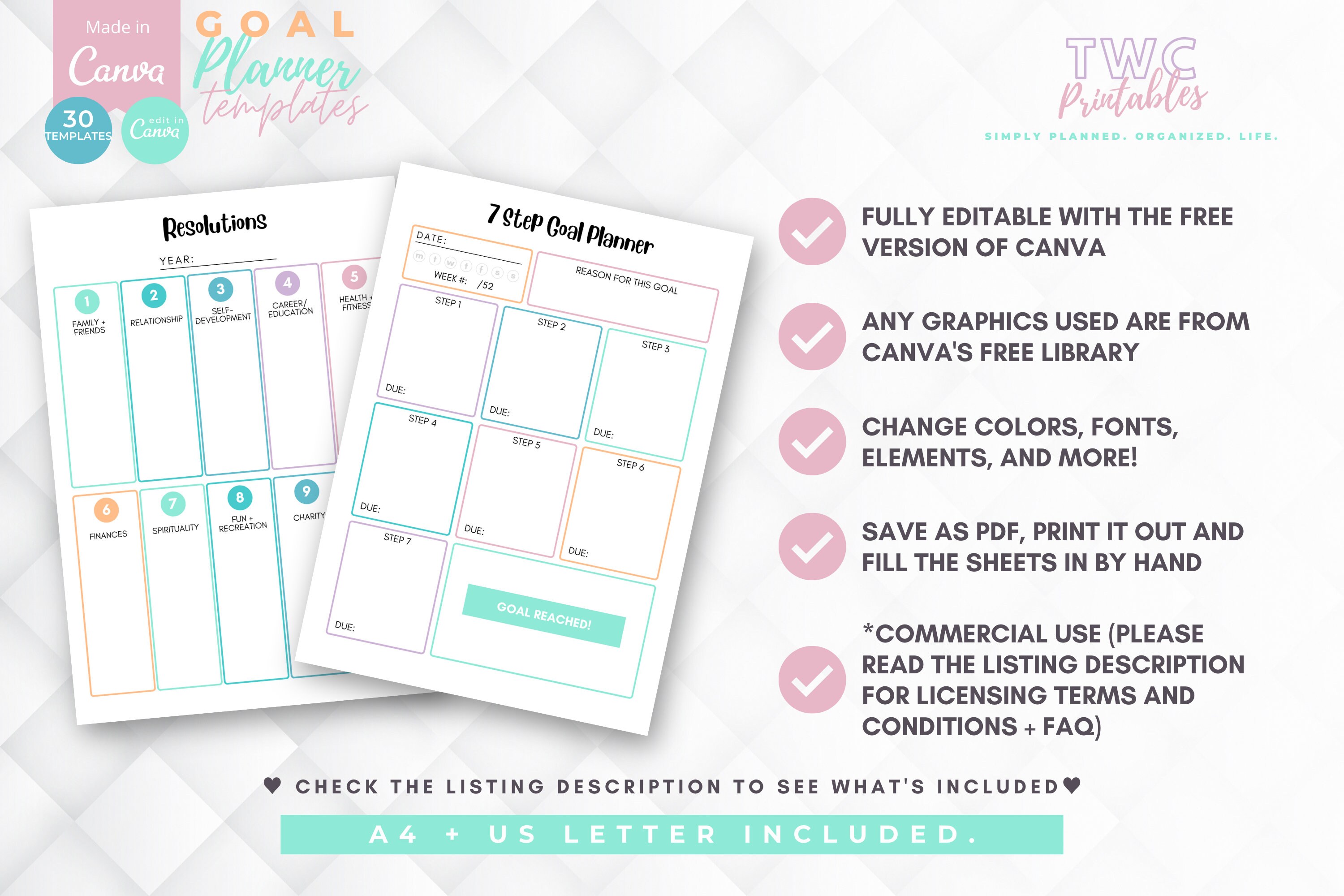 Goal Planner Canva Templates 30 Pages Editable Printable Goal Planning ...