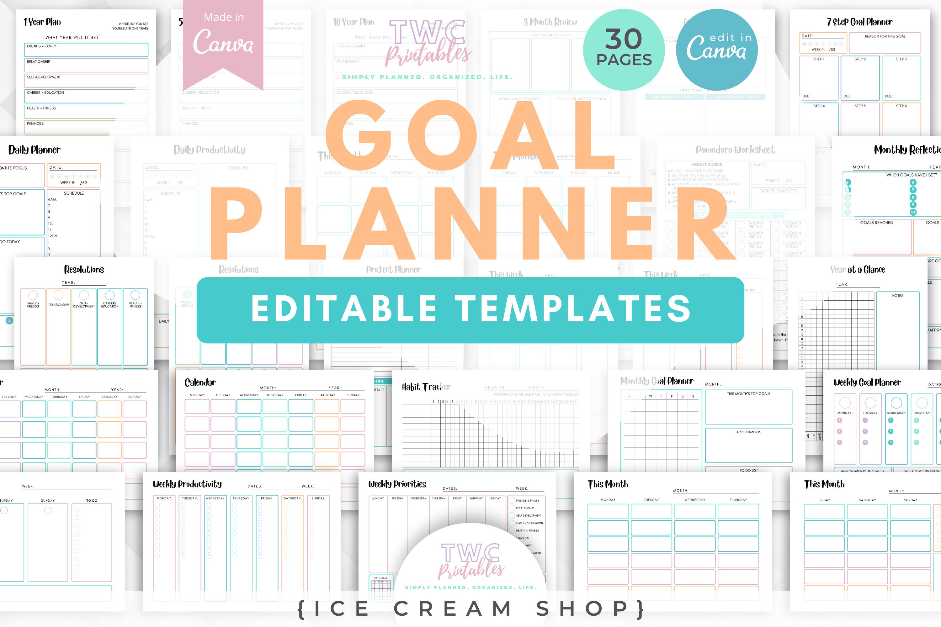 Goal Planner Canva Templates 30 Pages Editable Printable Goal Planning ...
