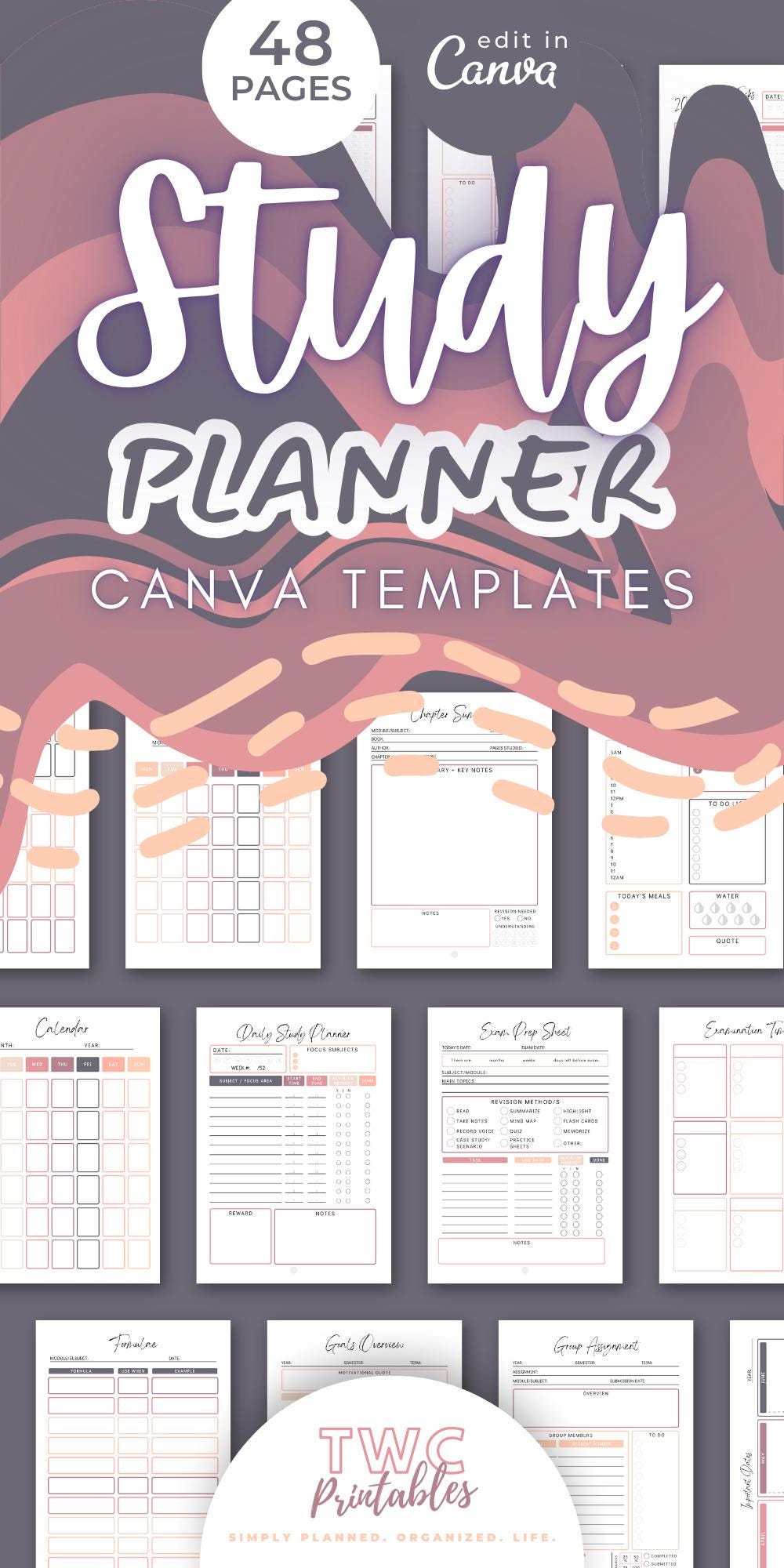 Study Planner Template for Canva | 48 Pages | Academic Planner, Student ...