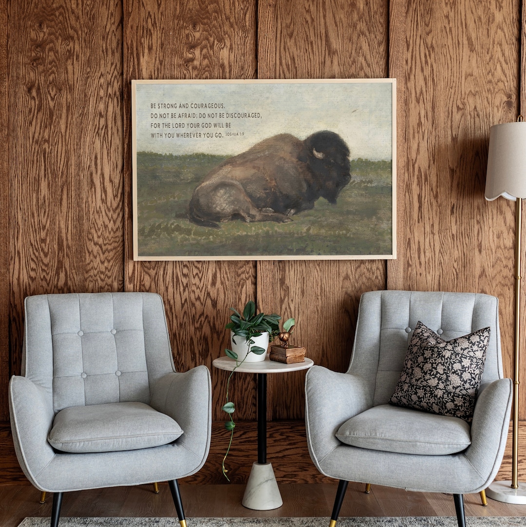 Be Strong and Courageous Buffalo Scripture Print Framed Boys Room Wall ...
