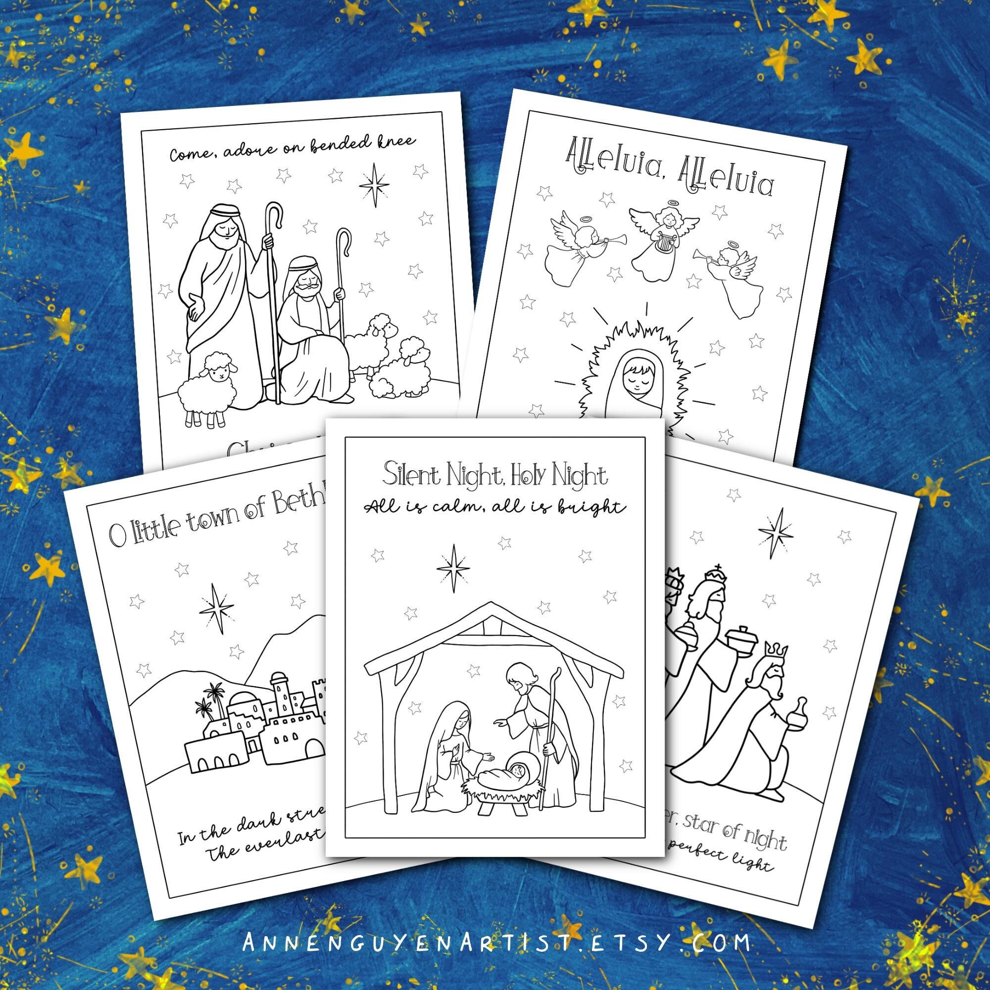 Set of 8 Nativity Coloring Pages Christian Christmas Carols Scripture ...