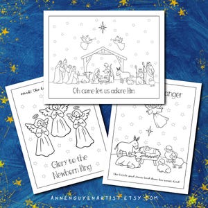 Set of 8 Nativity Coloring Pages Christian Christmas Carols Scripture ...
