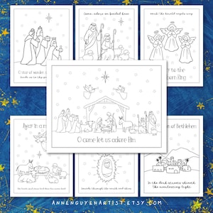 Set of 8 Nativity Coloring Pages Christian Christmas Carols Scripture ...
