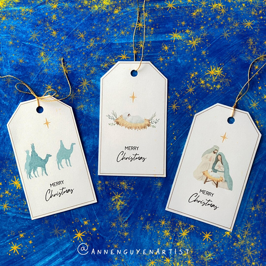 Nativity Gift Tag Jesus Christian Merry Christmas Label Feliz Navidad ...