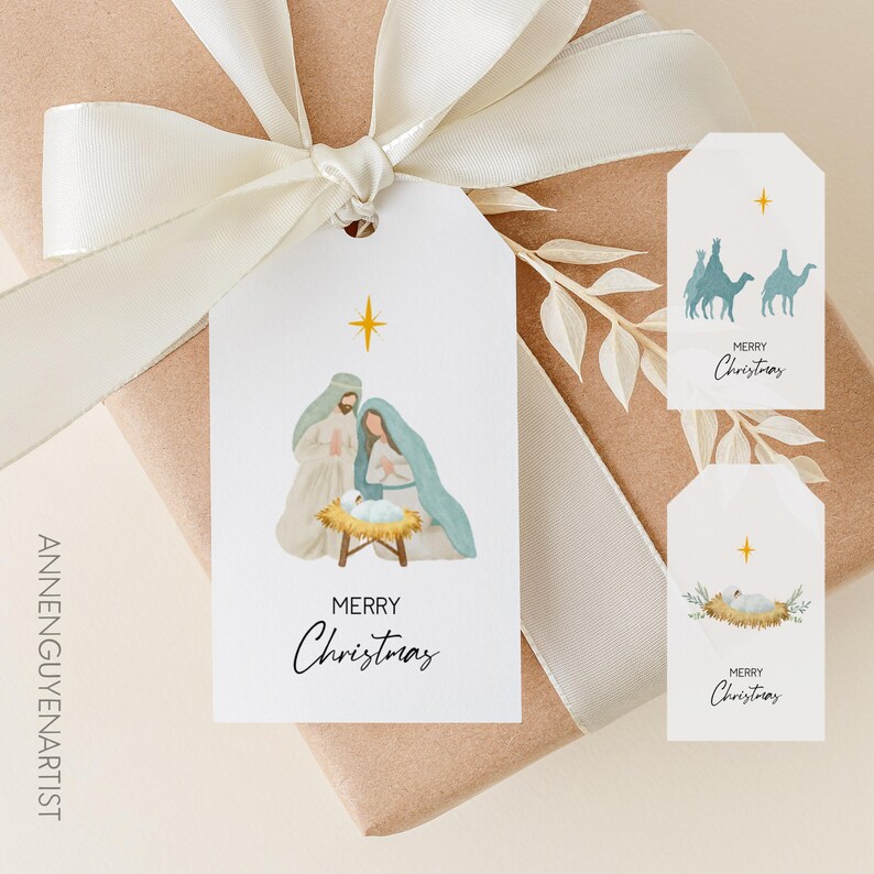 Nativity Gift Tag Jesus Christian Merry Christmas Label Feliz Navidad ...