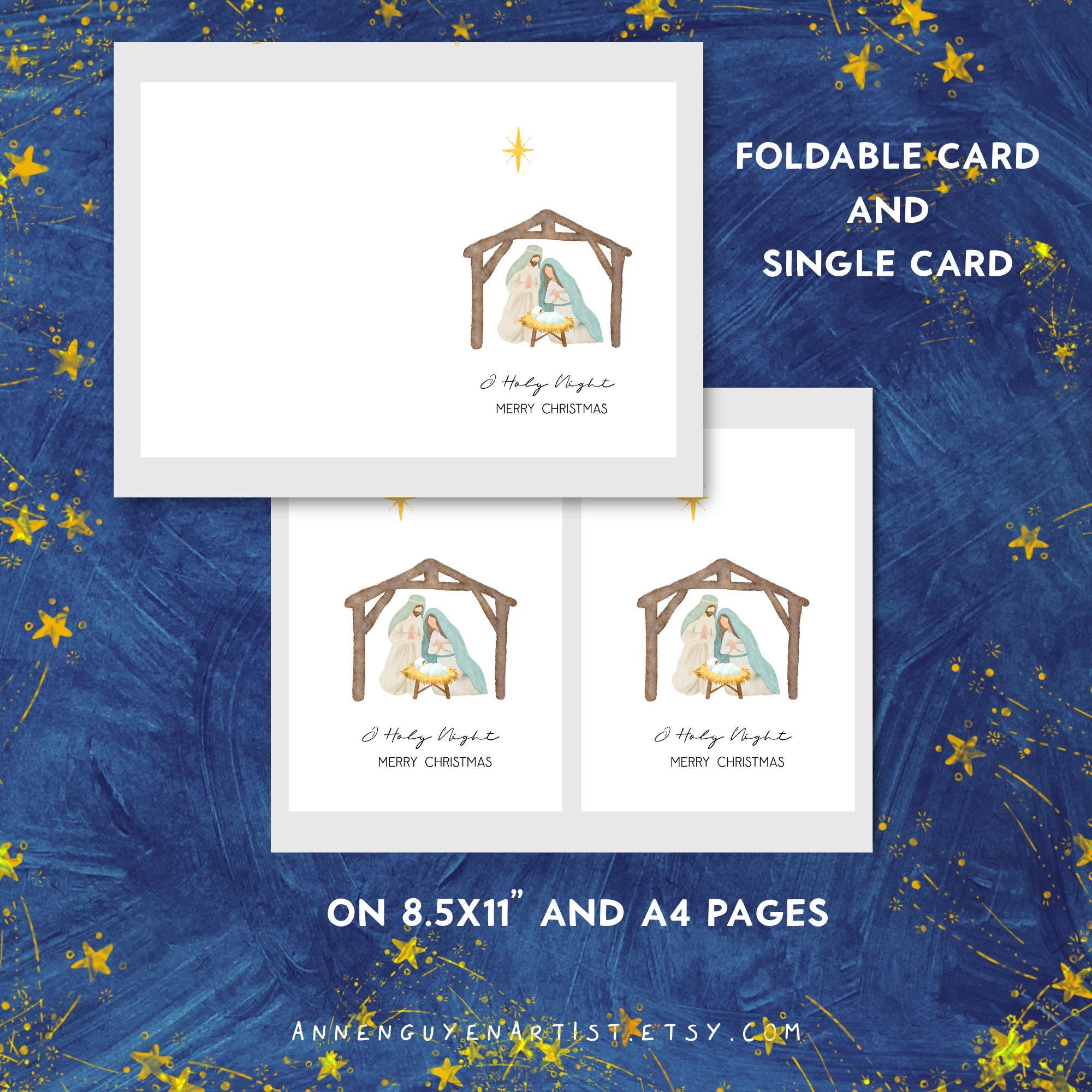 Nativity Card Watercolor Christian Christmas Greeting Card Holy Family ...