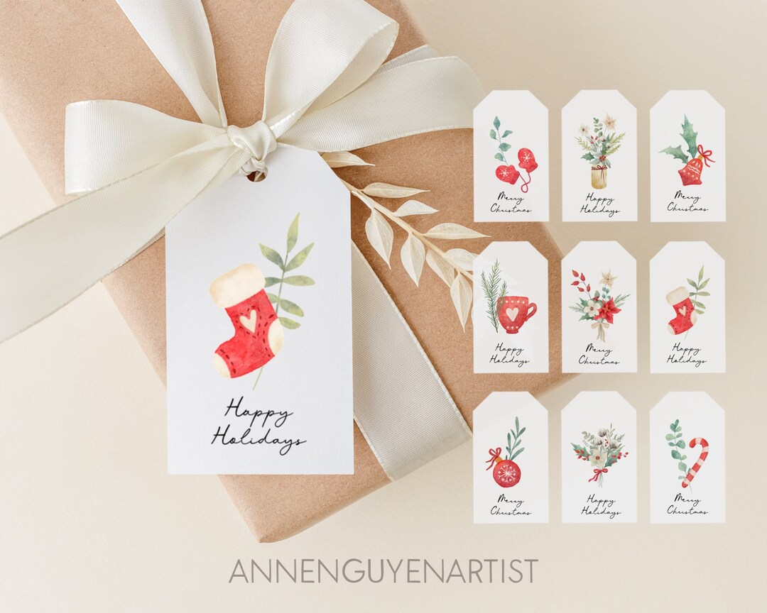 Printable Christmas Gift Tag Bundle 2x3.5 , Set of 9 Greenery Bouquet ...