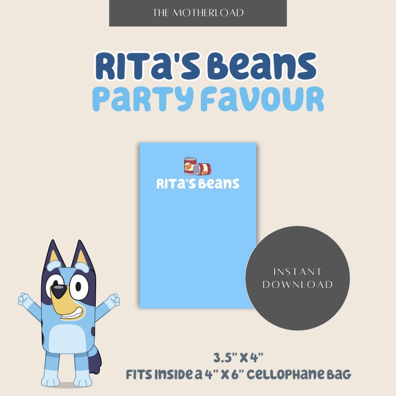 Bluey Party Favour | Rita’s Beans | Digital Download | DIY Printable ...