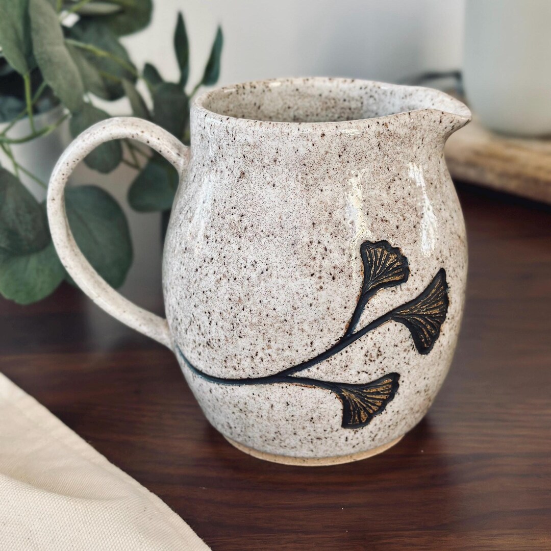 Speckled Beige Stoneware Pitcher: Ginkgo Leaf Pottery, 30 Oz - Etsy