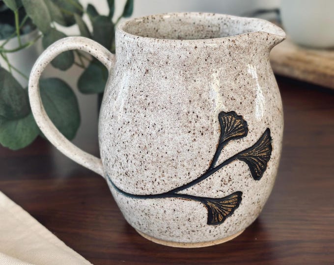 Speckled Beige Stoneware Pitcher: Ginkgo Leaf Pottery, 30 Oz - Etsy