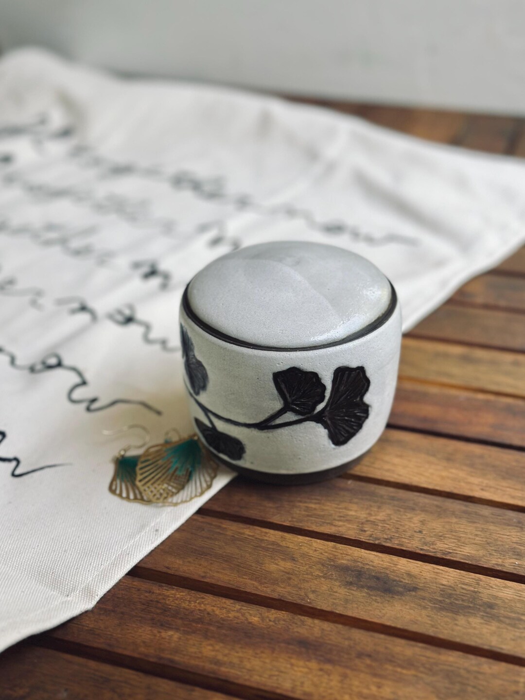 Handmade Light Grey Ginkgo Ceramic Jar: Stoneware Pottery Gift - Etsy