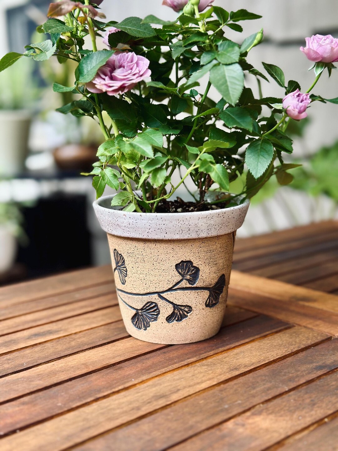 Handmade Ginkgo Stoneware Planter: Gray Ceramic Flower Pot - Etsy