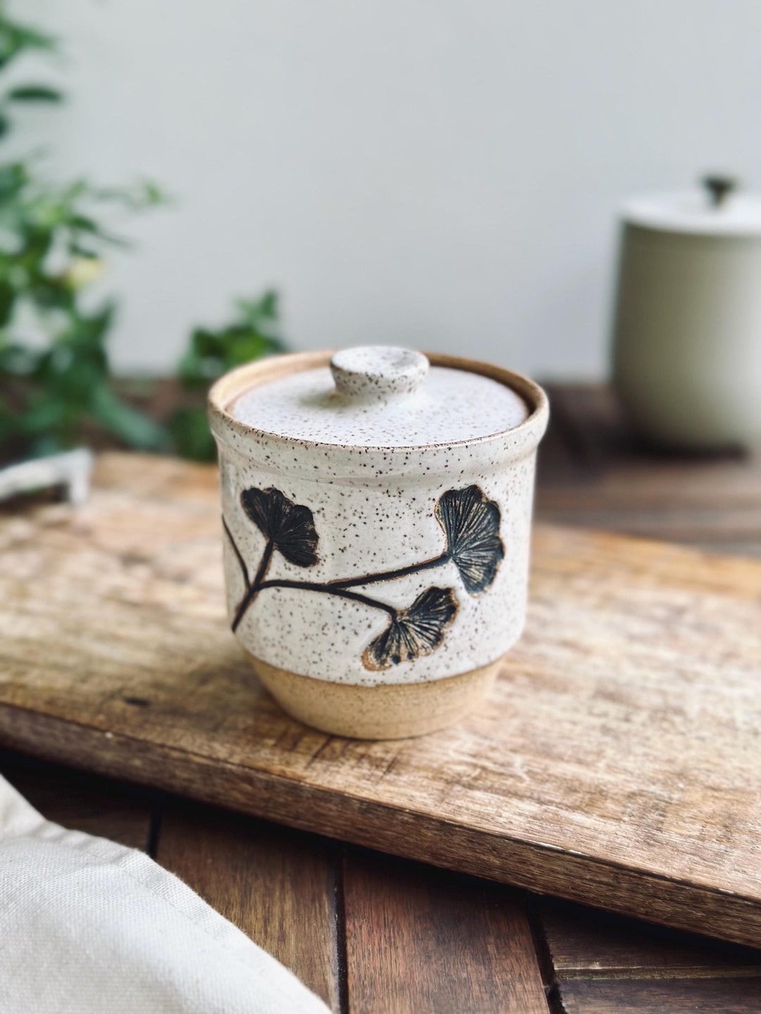 Handmade White Stoneware Jar With Ginkgo Carvings / Elegant Ceramic ...