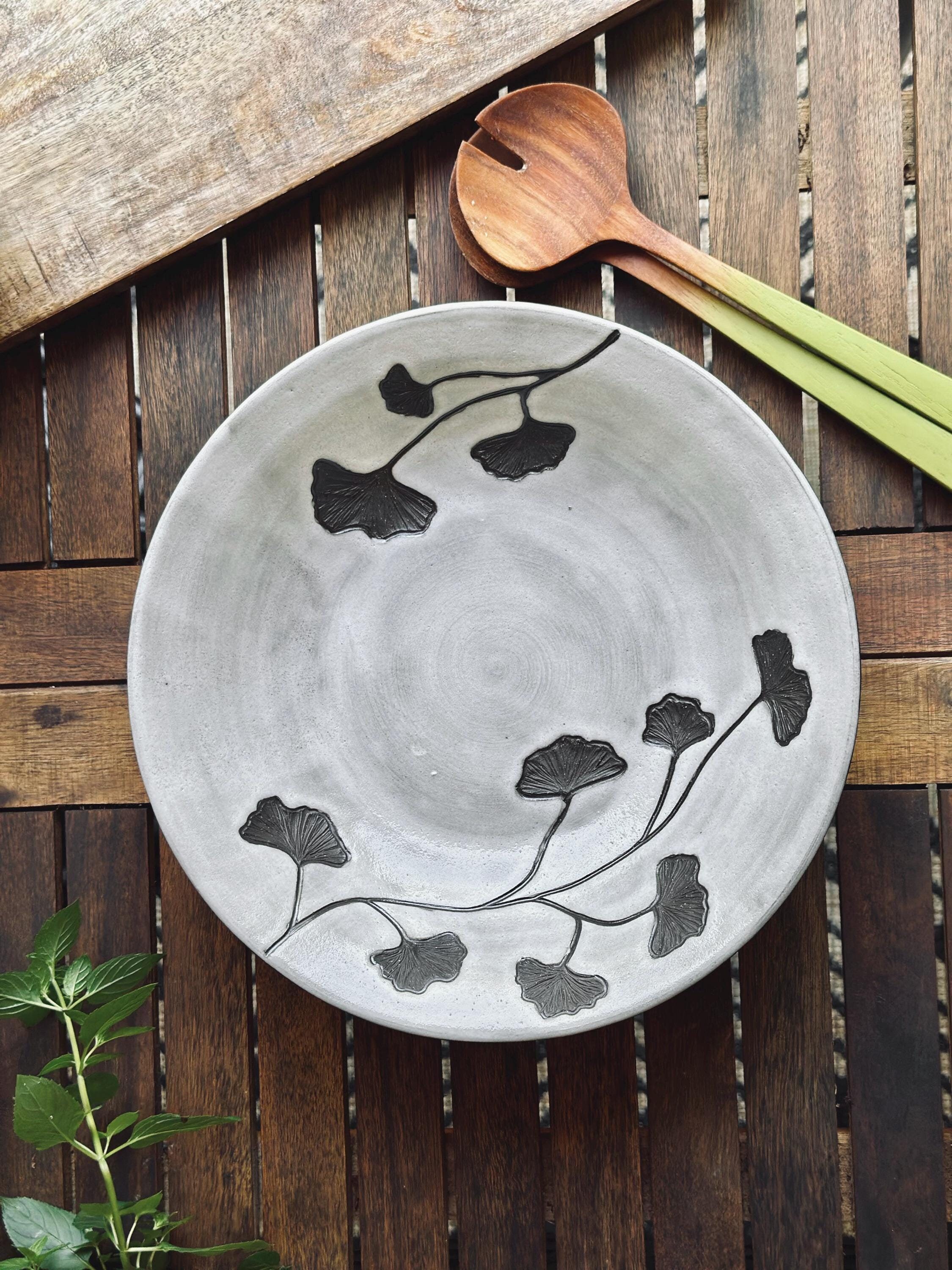 Gray Ginkgo Serving Pottery Bowl / Stoneware Fruit Bowl / White Ceramic ...