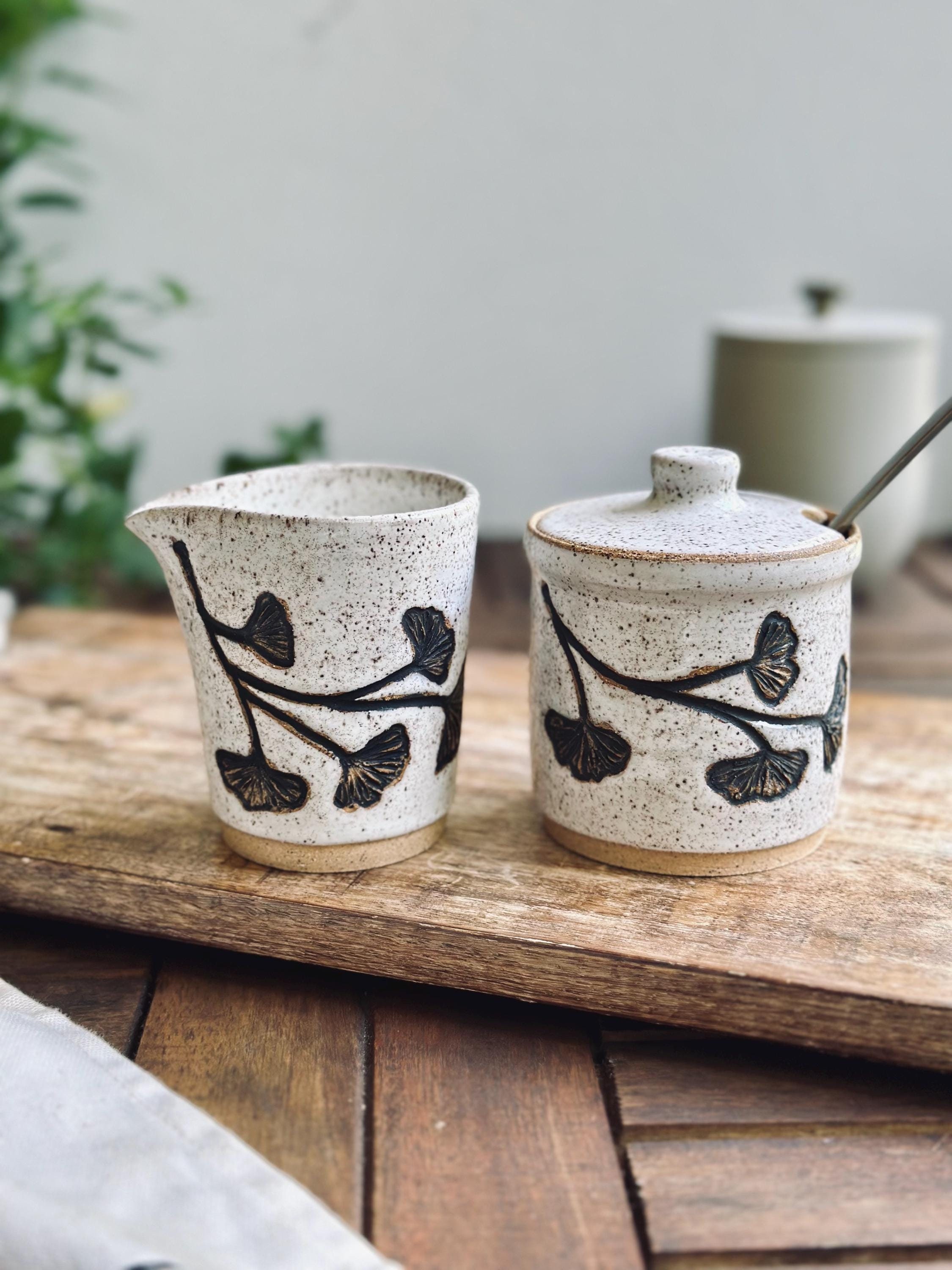 Cream Speckled Sugar Bowl and Creamer Set / Ginkgo Cream and Sugar ...
