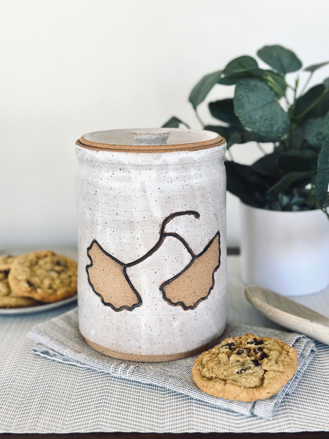Stoneware Speckled White Ginkgo Cookie Jar / White Ceramic Jar/ Jar for ...