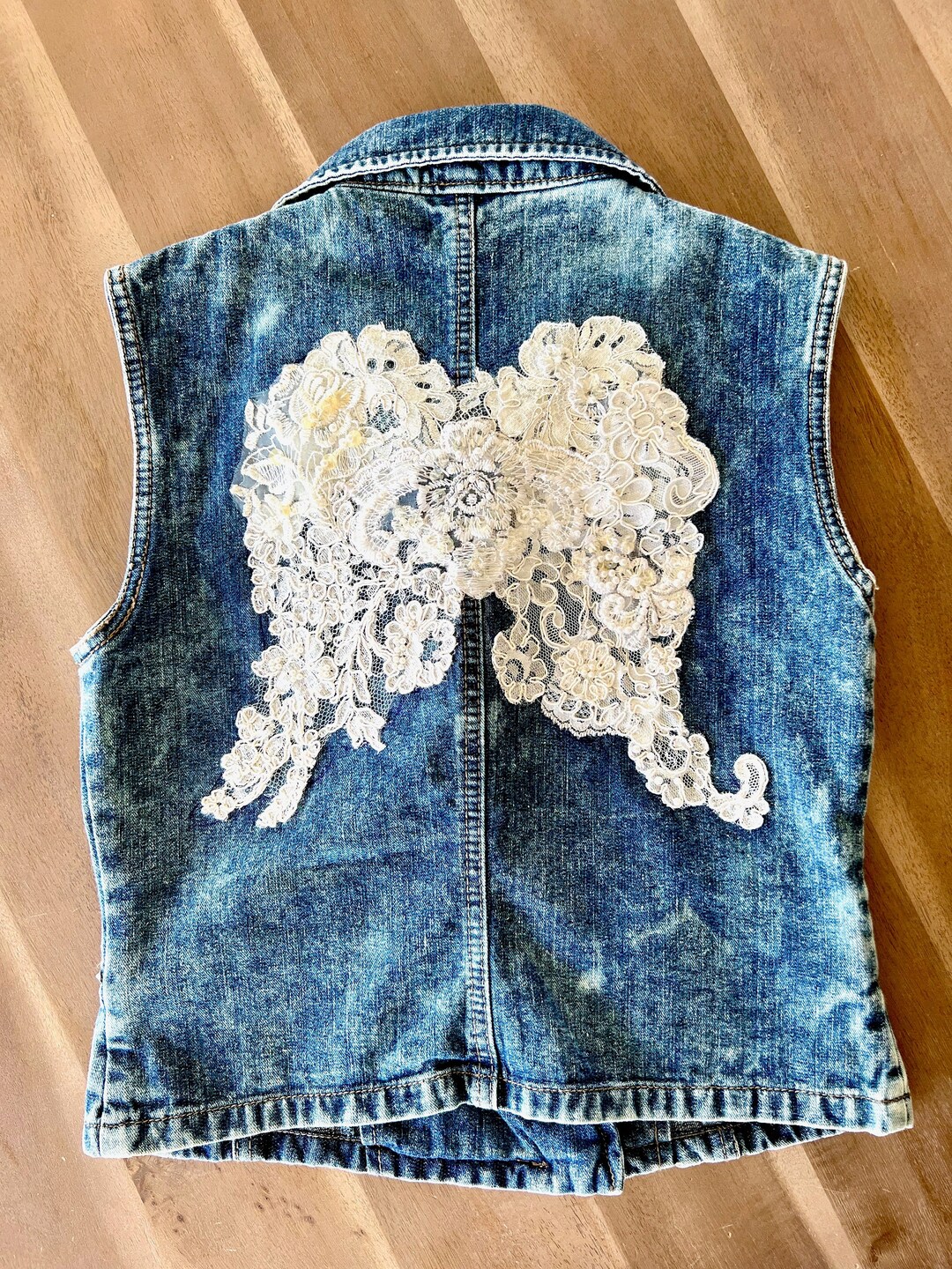 Girl's Denim Vest With Vintage Lace Angel Wings/upcycled Denim ...