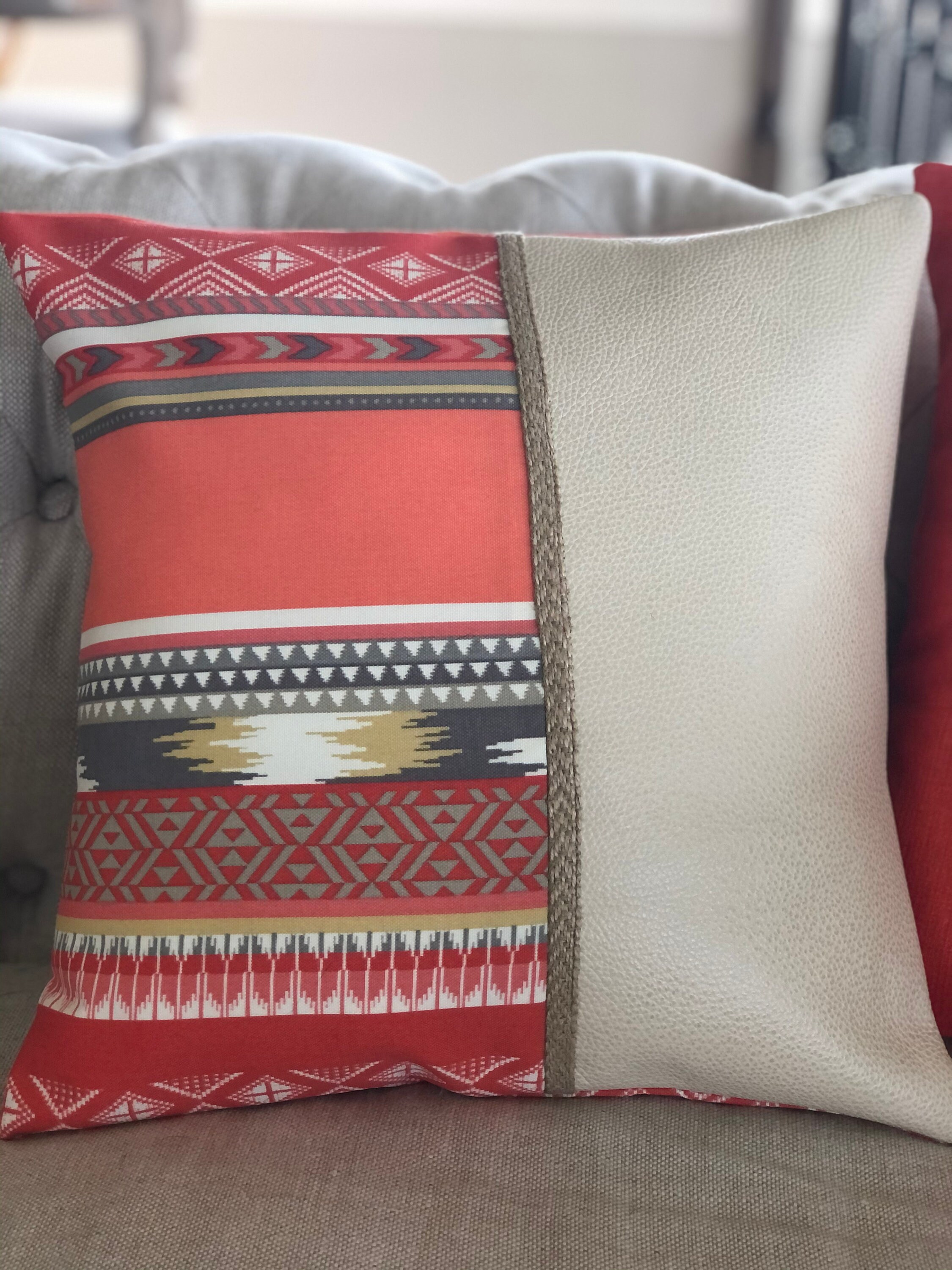 Set of Two Pillow Covers: Orange Aztec Pattern With Leather Accent - Etsy