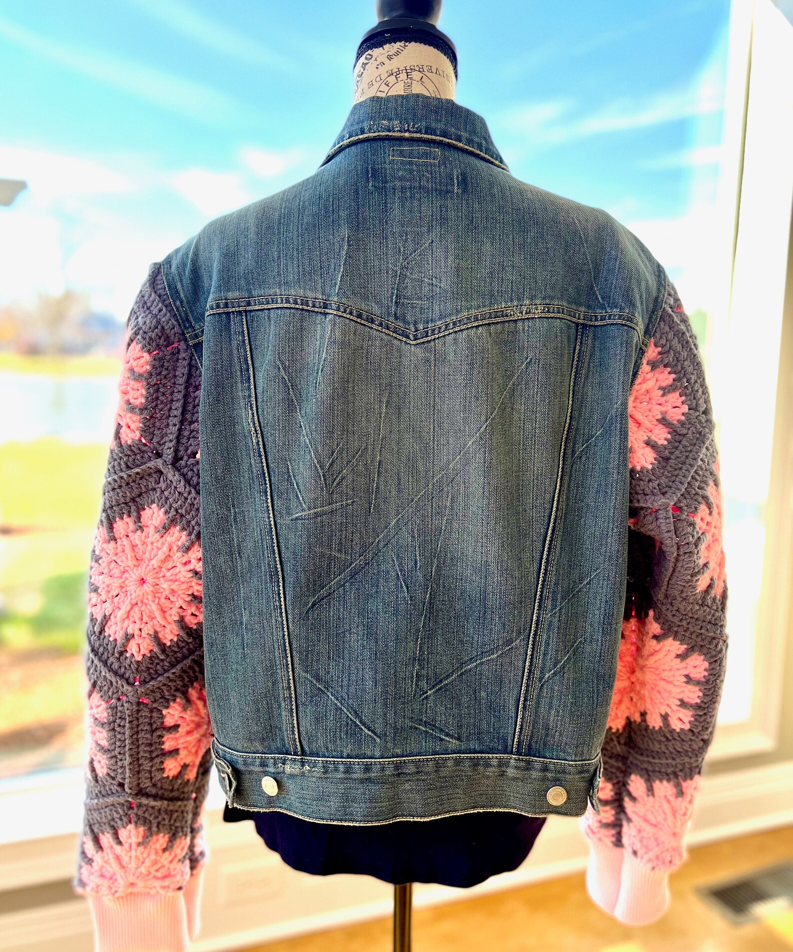 Repurposed Denim Jacket: Afghan Crochet Sleeves, Women's XL - Etsy