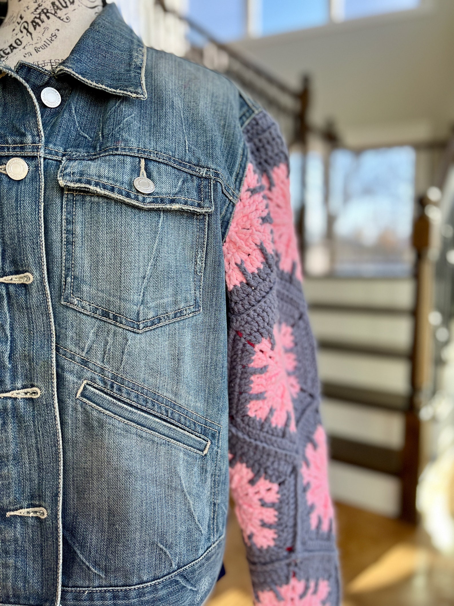 Repurposed Denim Jacket: Afghan Crochet Sleeves, Women's XL - Etsy