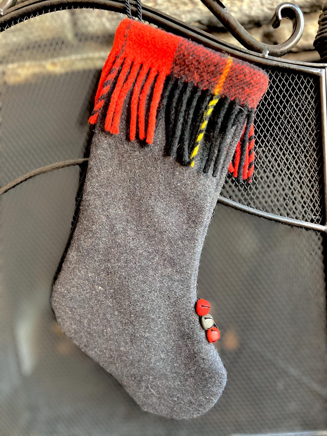 Wool Stocking/grey Wool Stocking With Fringed Cuff/grey and Red Plaid ...
