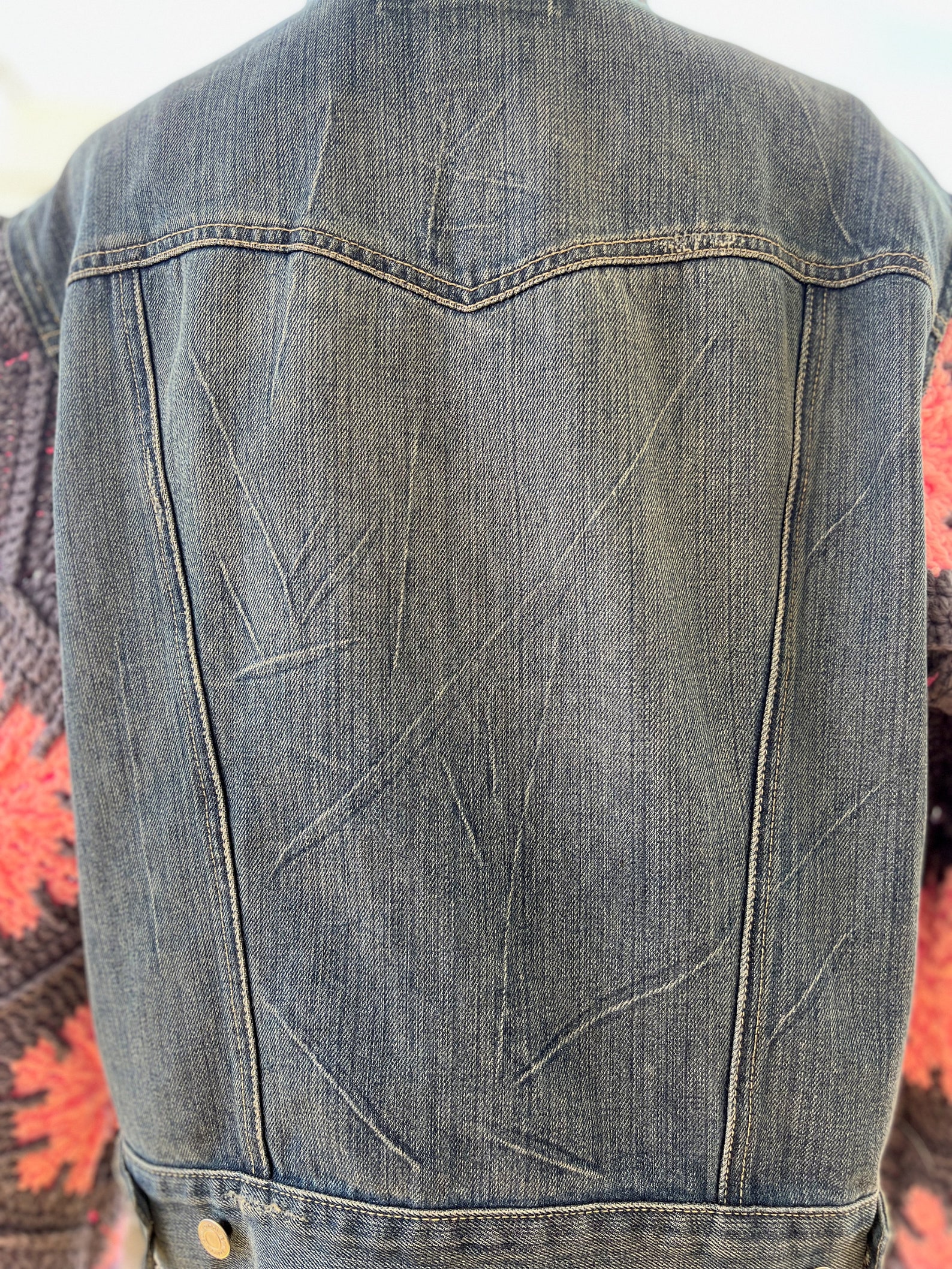 Repurposed Denim Jacket: Afghan Crochet Sleeves, Women's XL - Etsy