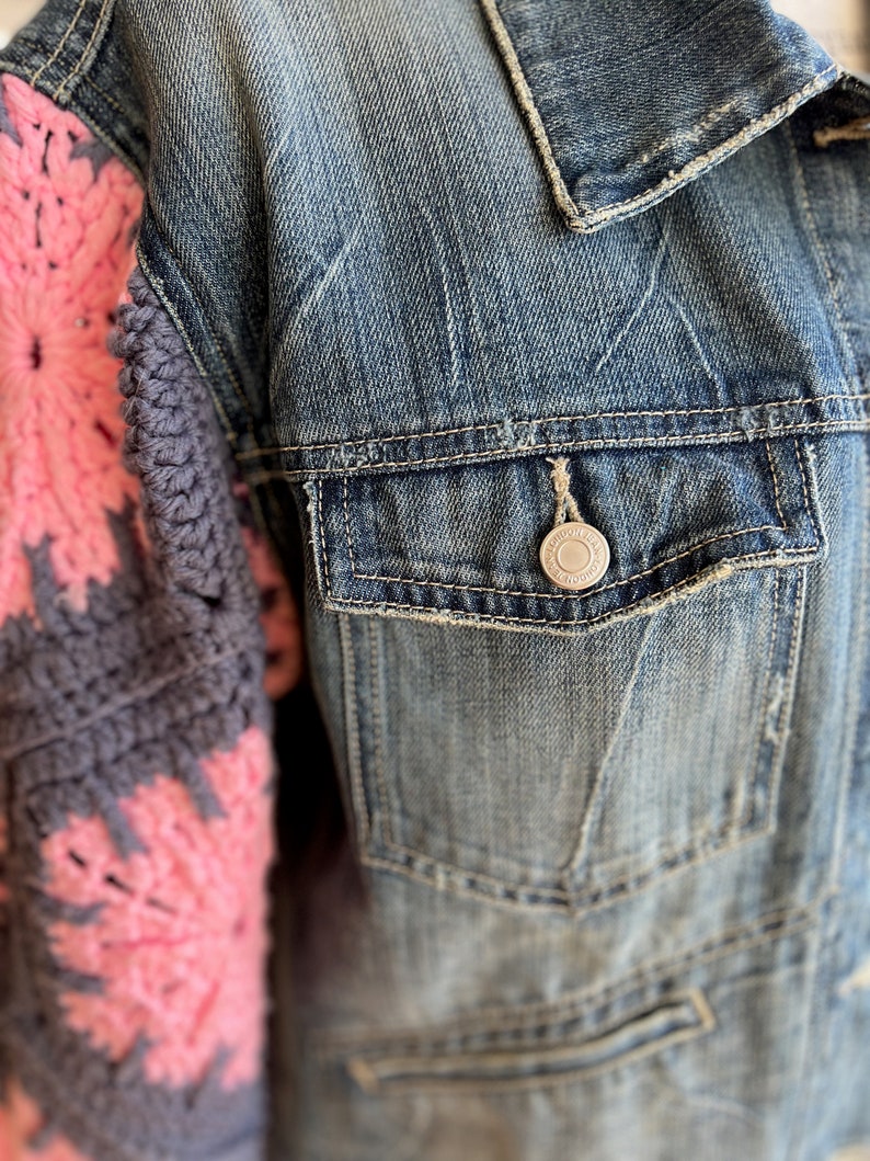 Repurposed Denim Jacket: Afghan Crochet Sleeves, Women's XL - Etsy
