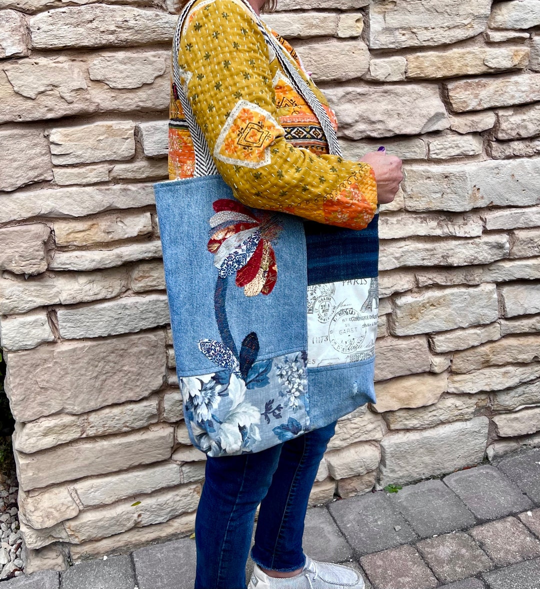 Repurposed Denim Shoulder Bag: Machine-stitched Floral Vegan Tote - Etsy