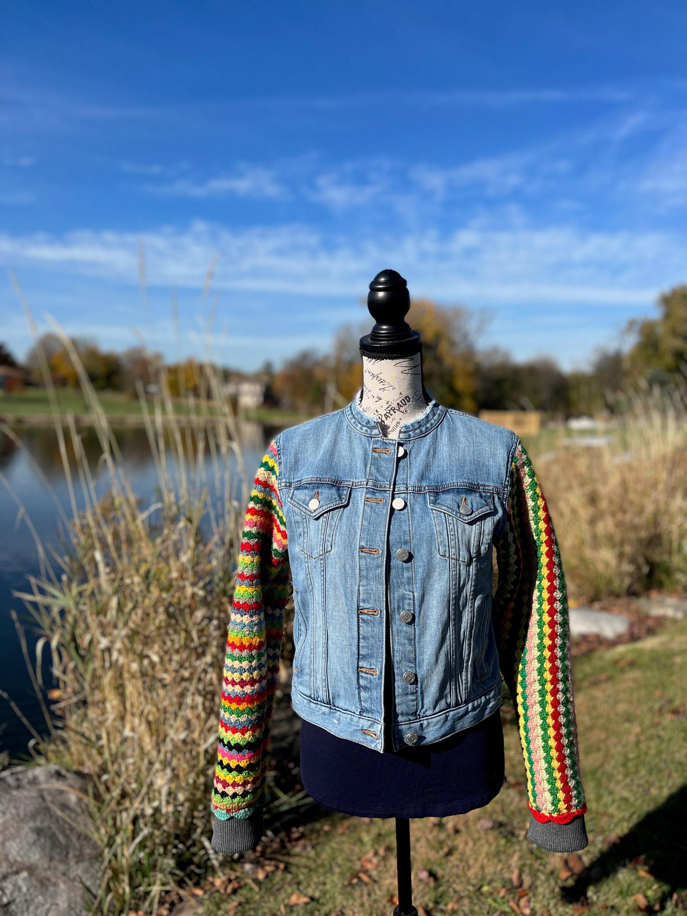 Women's Repurposed Denim Jacket With Afghan Sleeves/upcycled - Etsy