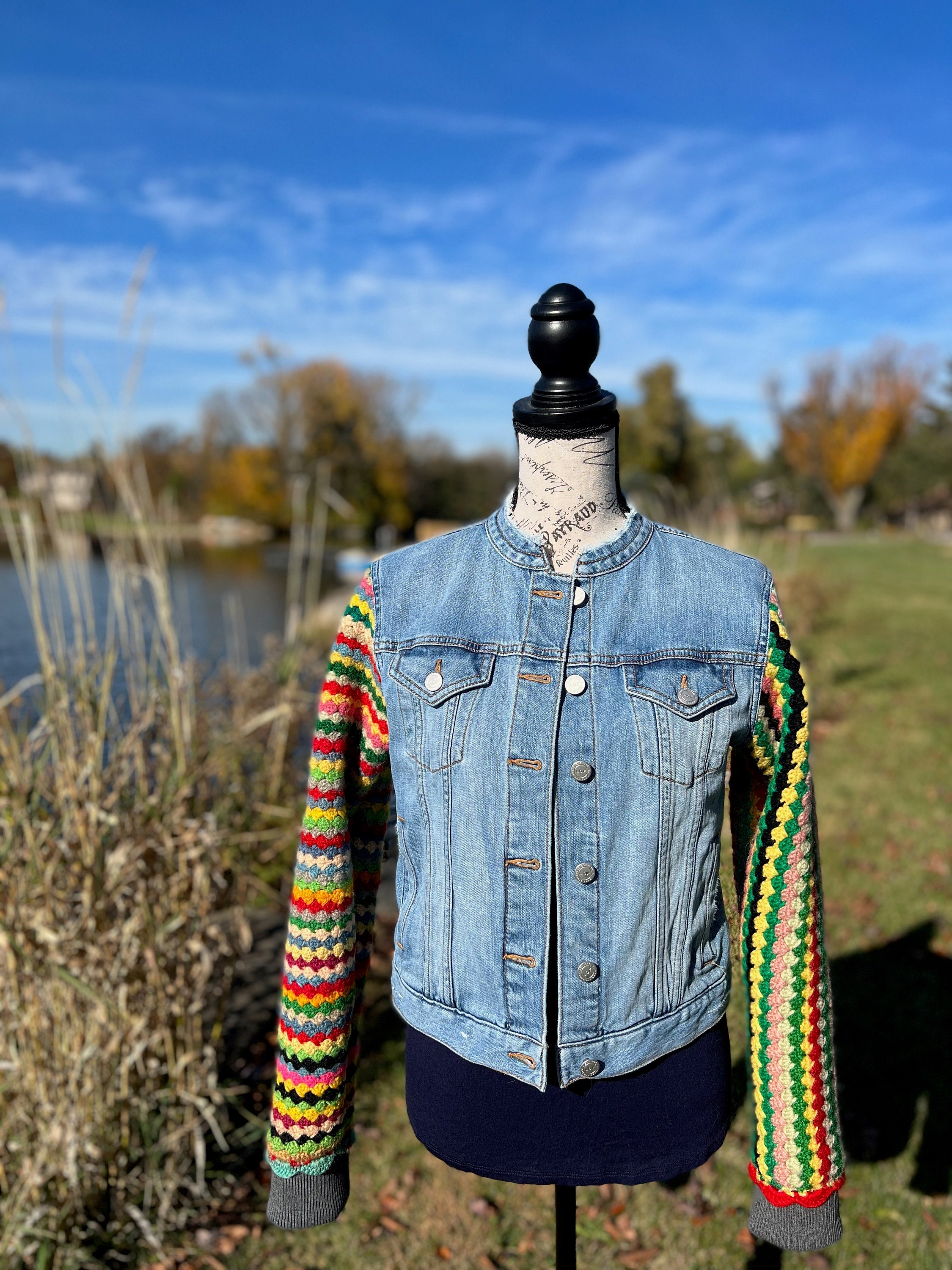 Women's Repurposed Denim Jacket With Afghan Sleeves/upcycled - Etsy