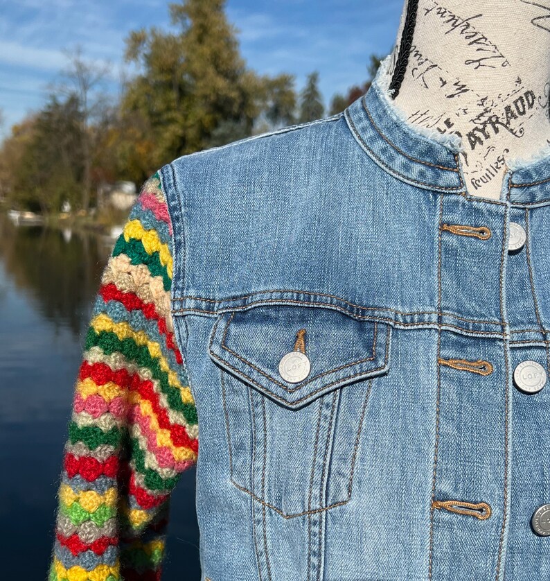Women's Repurposed Denim Jacket With Afghan Sleeves/upcycled - Etsy