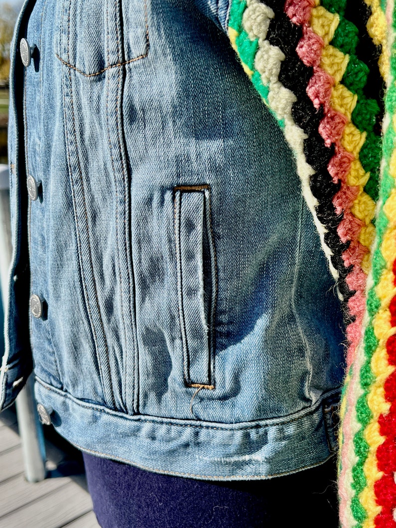 Women's Repurposed Denim Jacket With Afghan Sleeves/upcycled - Etsy
