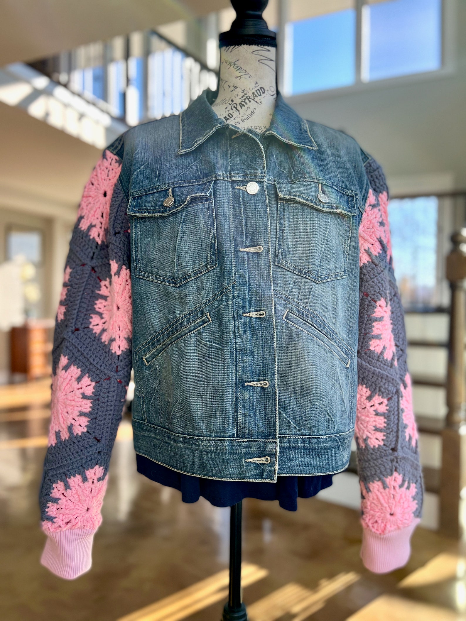 Repurposed Denim Jacket: Afghan Crochet Sleeves, Women's XL - Etsy