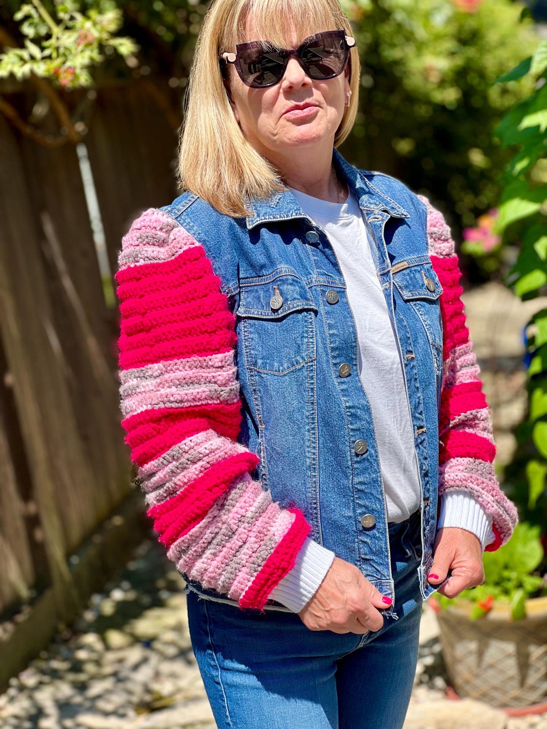 Repurposed Denim Jacket: Pink Camo Crochet Afghan Sleeves (large) - Etsy