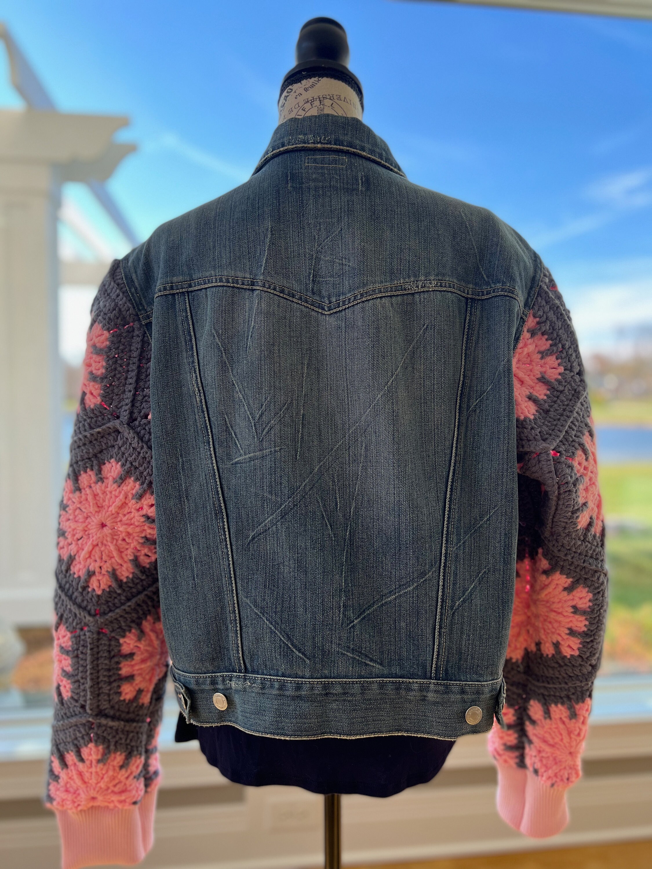 Repurposed Denim Jacket: Afghan Crochet Sleeves, Women's XL - Etsy