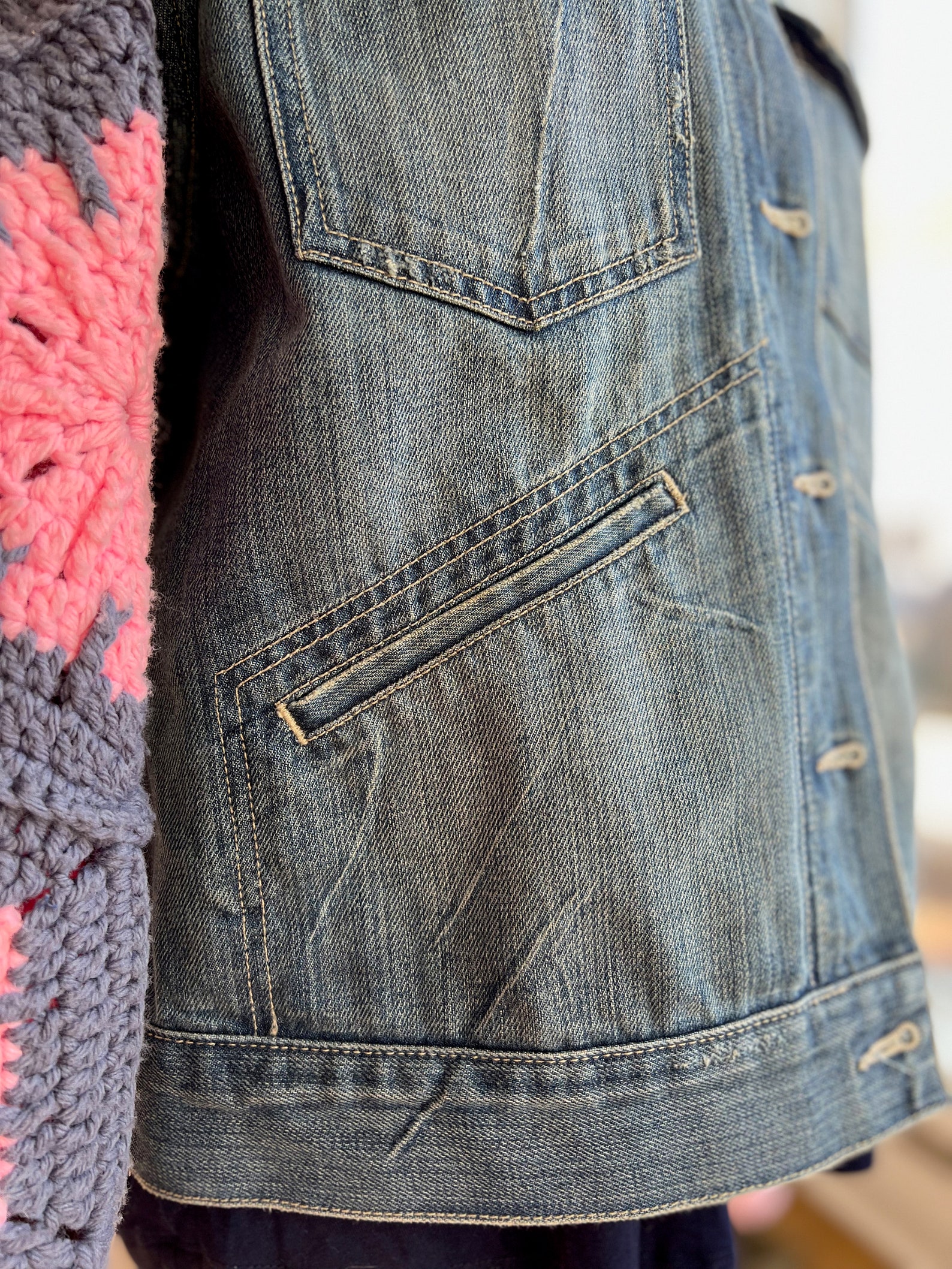 Repurposed Denim Jacket: Afghan Crochet Sleeves, Women's XL - Etsy