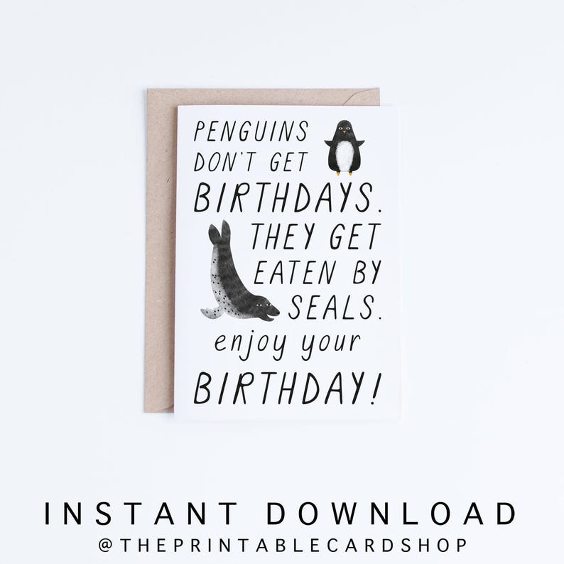 Funny Birthday Cards Instant Download, Penguin Printable Birthday Card ...
