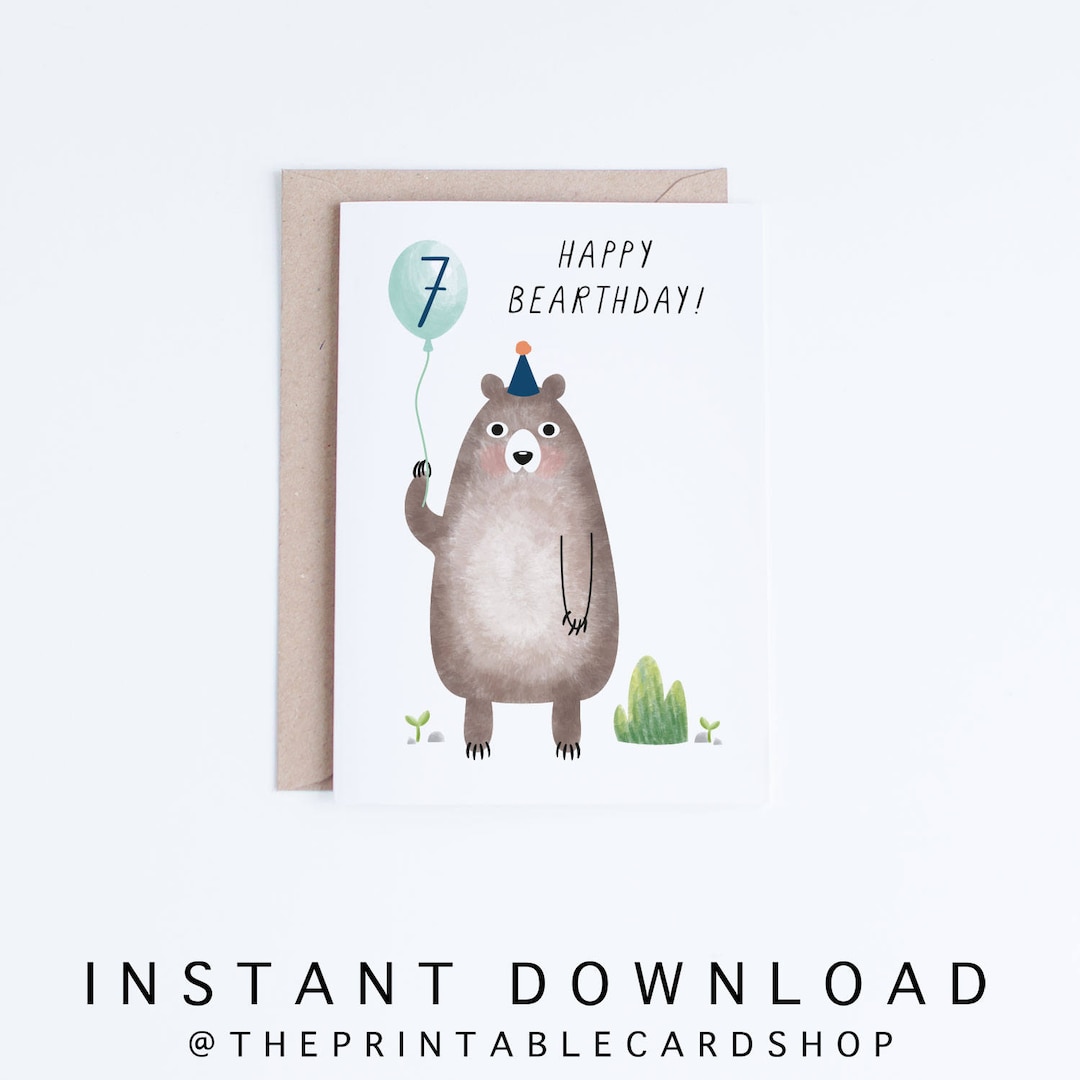 Printable 7th Birthday Cards for Boys, Happy Bearthday Card Instant ...