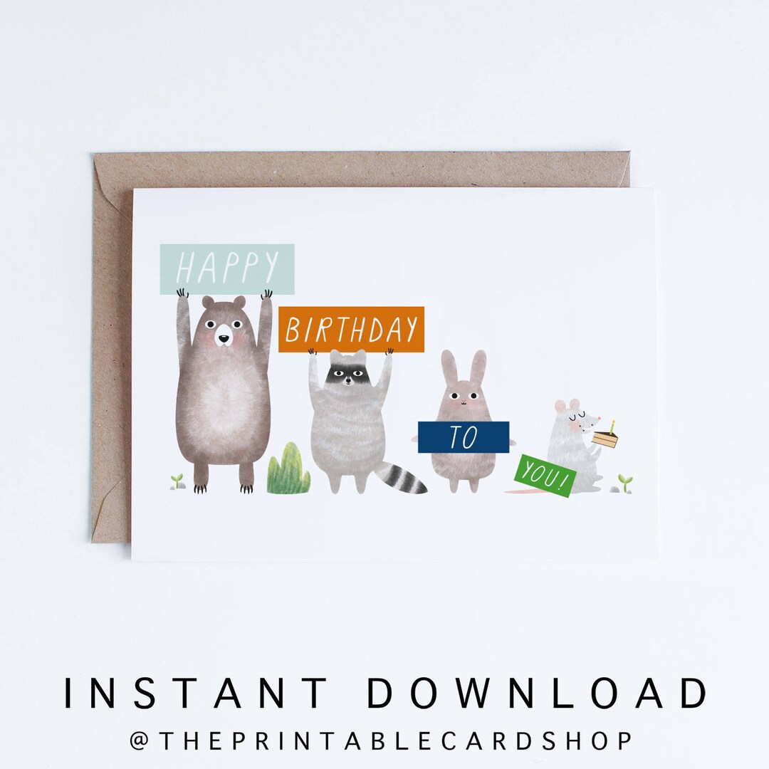 Printable Birthday Cards, Animal Birthday Cards Instant Download, Bear ...