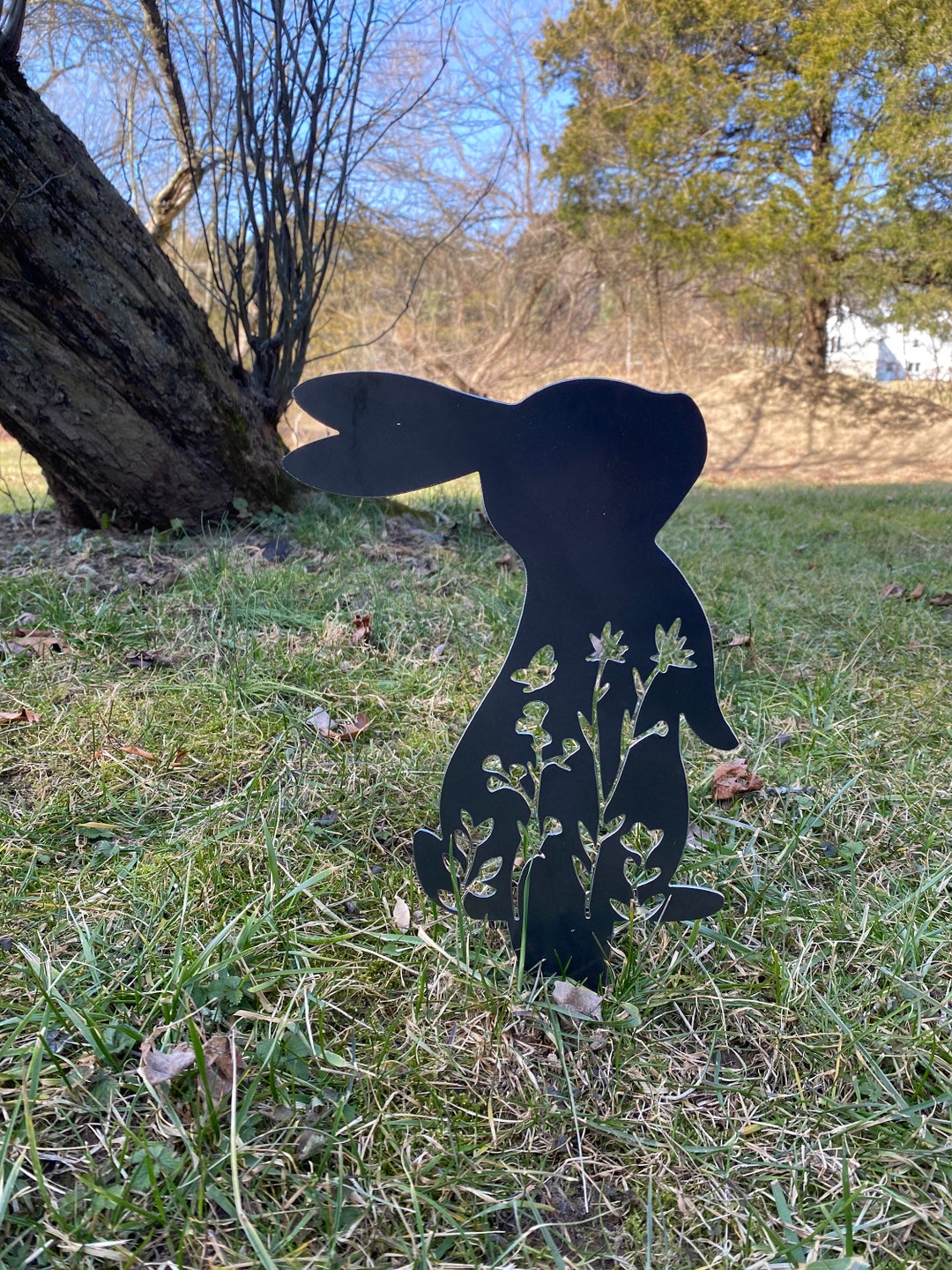 Bunny Garden Stake, Metal Rabbit Yard Stake, Floral Bunny, Garden Decor ...
