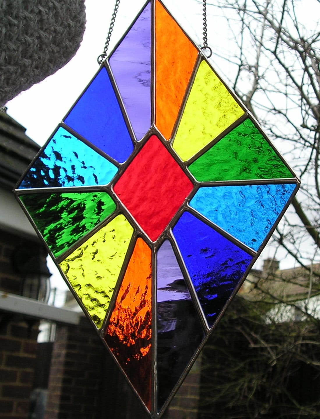 Stained Glass Rainbow Diamond Shape Suncatcher Abstract Geometric Panel ...