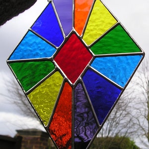 Stained Glass Rainbow Diamond Shape Suncatcher Abstract Geometric Panel ...