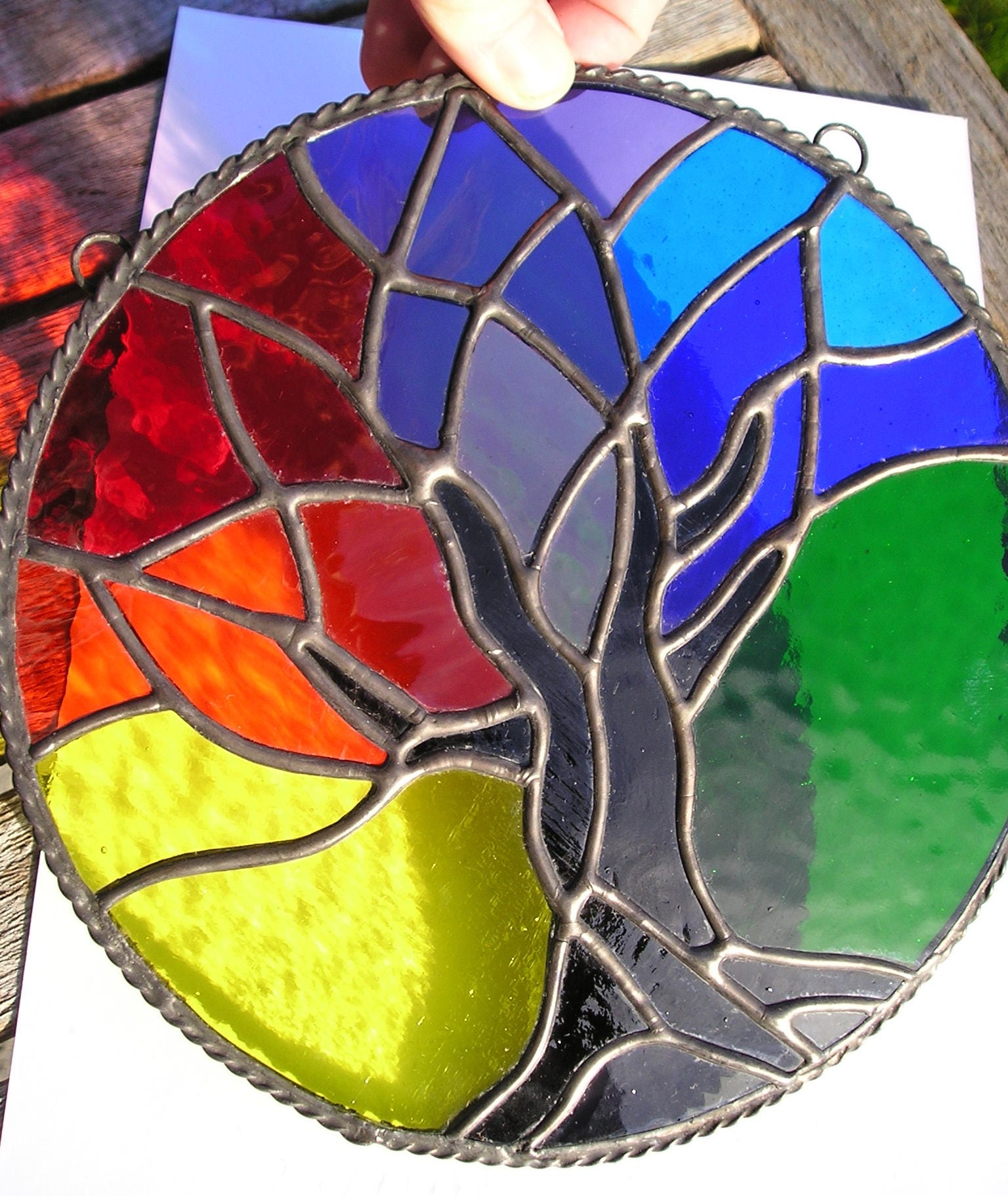 Stained Glass Rainbow Tree of Life Rainbow Suncatcher Roundal | Etsy