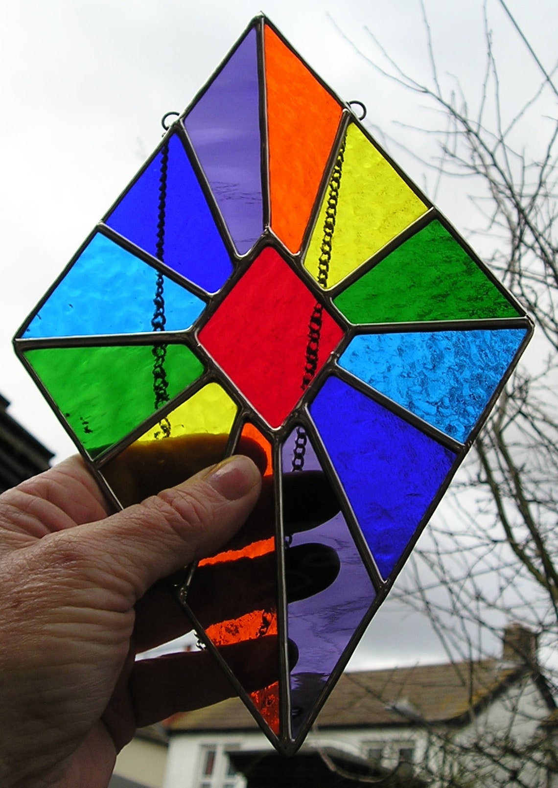 Stained Glass Rainbow Diamond Shape Suncatcher Abstract Geometric Panel ...